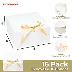 UnicoPak 16 Pack Gift Boxes 8x8x4 White Gift Boxes with Lids for Presents Cardboard Paper White Gift Box Bulk for Gifts Birthday Wedding Party Bridesmaid Proposal Box Christmas