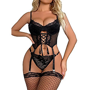 SOLY HUX Women's Sexy Garter Lingerie Set Lace Exotic Naughty Underwire Corset with Stockings 3 Piece Sets Pure Black L