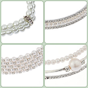 Beupy 9 Pcs Faux Pearl Bracelet 3-Row Pearl Stretch Bracelet Multilayer Pearl Elastic Bangle Vintage Wedding Bridal Bridesmaid White