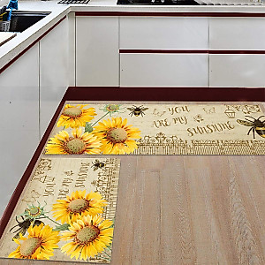 Sunflowers Kitchen Mats for Floor Cushioned Anti Fatigue 2 Piece Set Kitchen Runner Rugs Non Skid Washable Wood Bee Country Theme