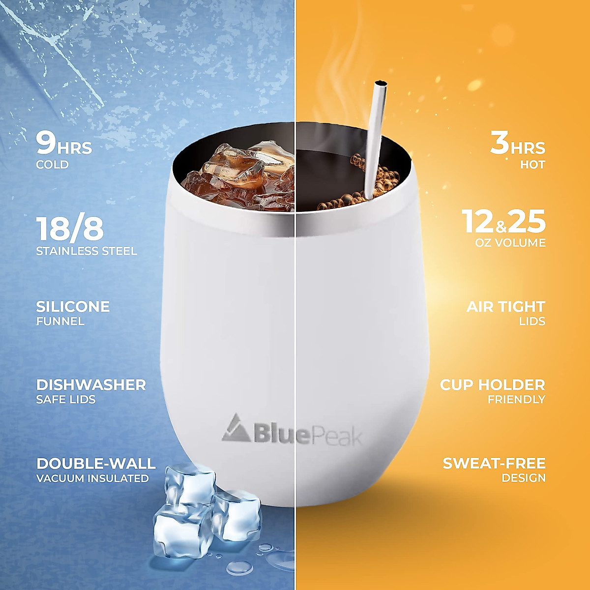 BluePeak Double Wall Vacuum Stainless Steel Insulated Wine Tumbler Set, 3-Pack - Includes Spill-Proof Sliding Lids, Straws, Cleaning Brush, Silicone Funnel & Gift Box - Travel Drinking Set (White)