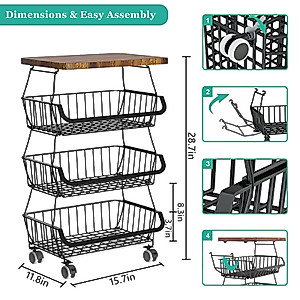 CHLORYARD Fruit Basket with Wooden Lid for Kitchen, 4-Tier Stackable Wire Fruit Vegetable Storage Basket Organizer Stand on Wheel, Produce Basket Potato Onion Storage Bins Rack Cart for Pantry