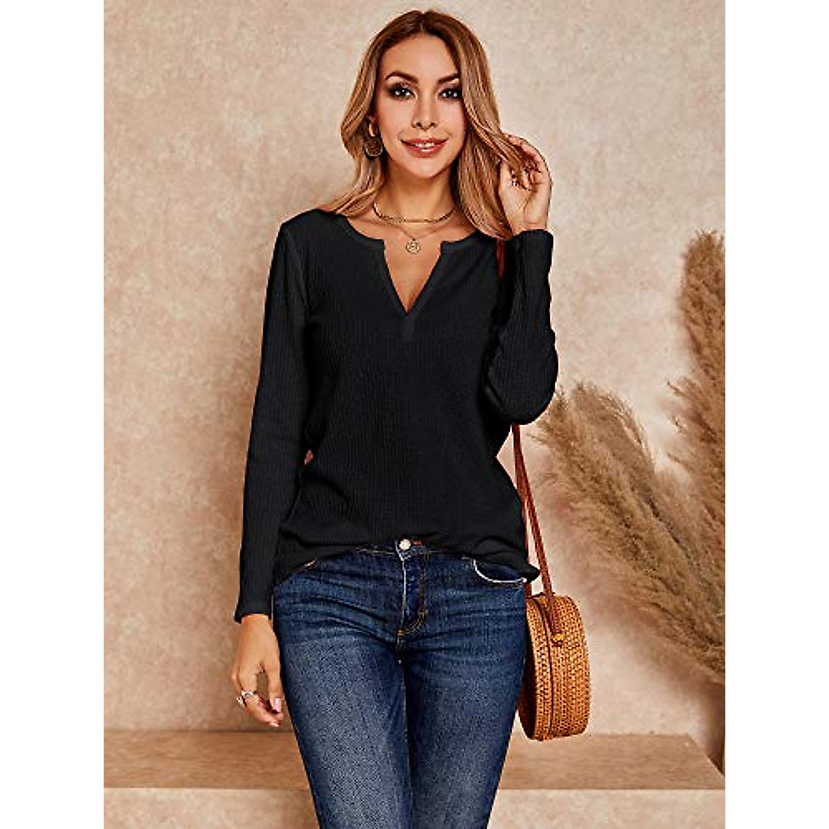 Womens V Neck Waffle Knit Shirts Long Sleeve Loose Fitting Warm Tee Tops Sweaters Pullovers Black