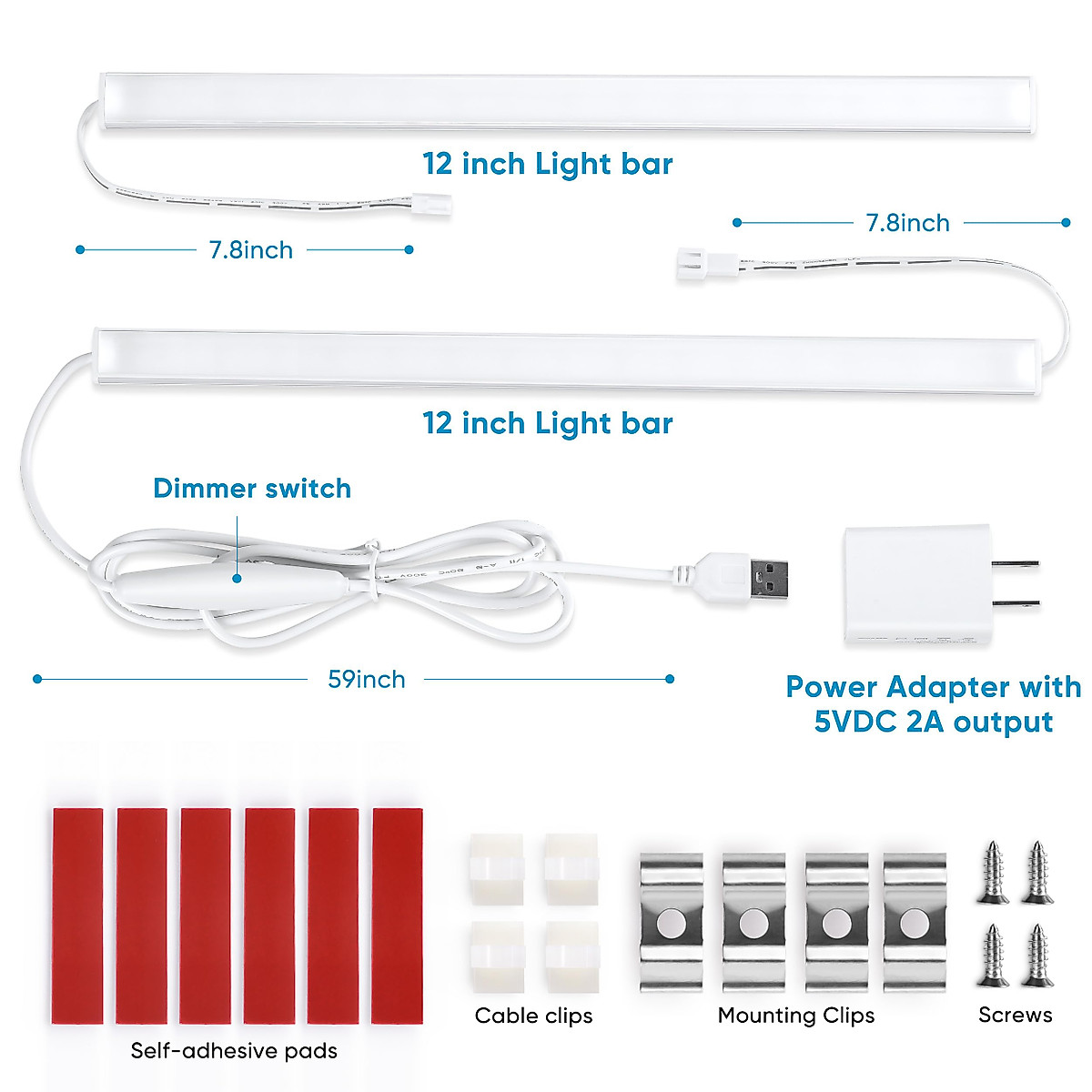 Litever Plug Under Cabinet Light Kit with Power Adapter, Dimmer, 2 pcs 12 Inch USB LED Light Bars. Dimmable Linkable for Kitchen Counter, Workbench, Coffee Station, Workspace, Closet. Daylight 5000K