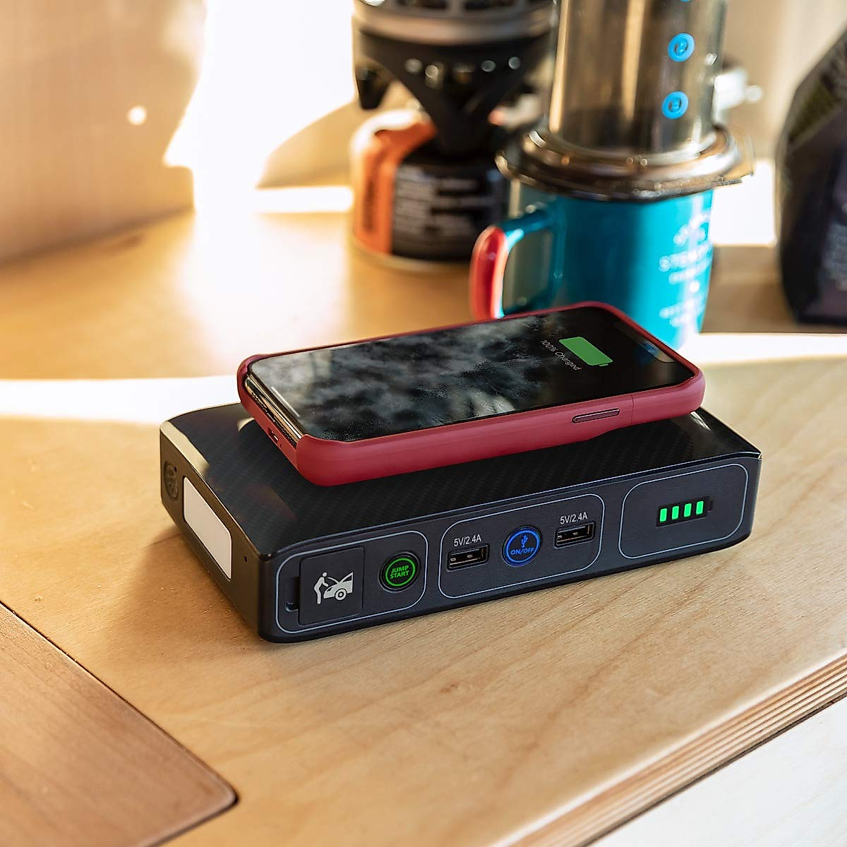 HALO Bolt Wireless Laptop Power Bank - 44400 mWh Portable Phone Laptop Charger Car Jump Starter with AC Outlet and Car Charger, Blue Graphite