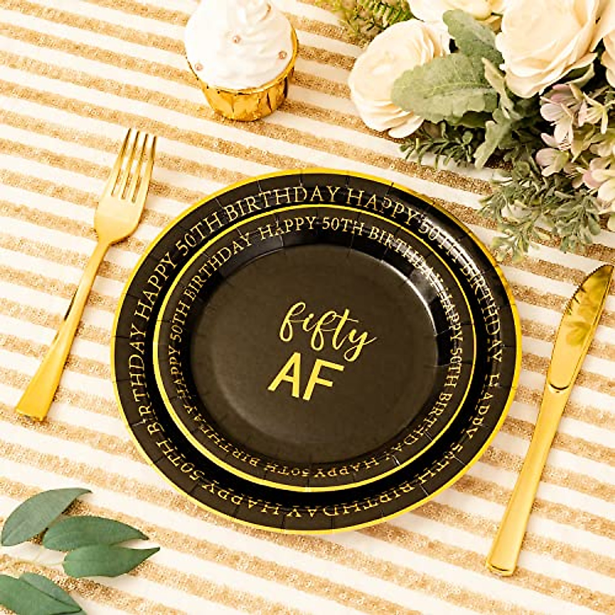 Crisky Black Gold Fifty Birthday Napkins Plates Cups Set for 50th Birthday Party Decorations Supplies, Disposable Tableware Set of 24 (9" Plates, 7" Plates, Luncheon Napkins, 9oz Cups)