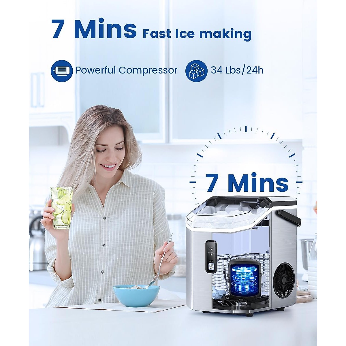 COWSAR Nugget Ice Maker Countertop, Chewable Nugget Ice Cubes Machine, Quick Ice Making 34Lbs/Day, Self-Cleaning, Portable Ice Machine for Home Kitchen Office Party