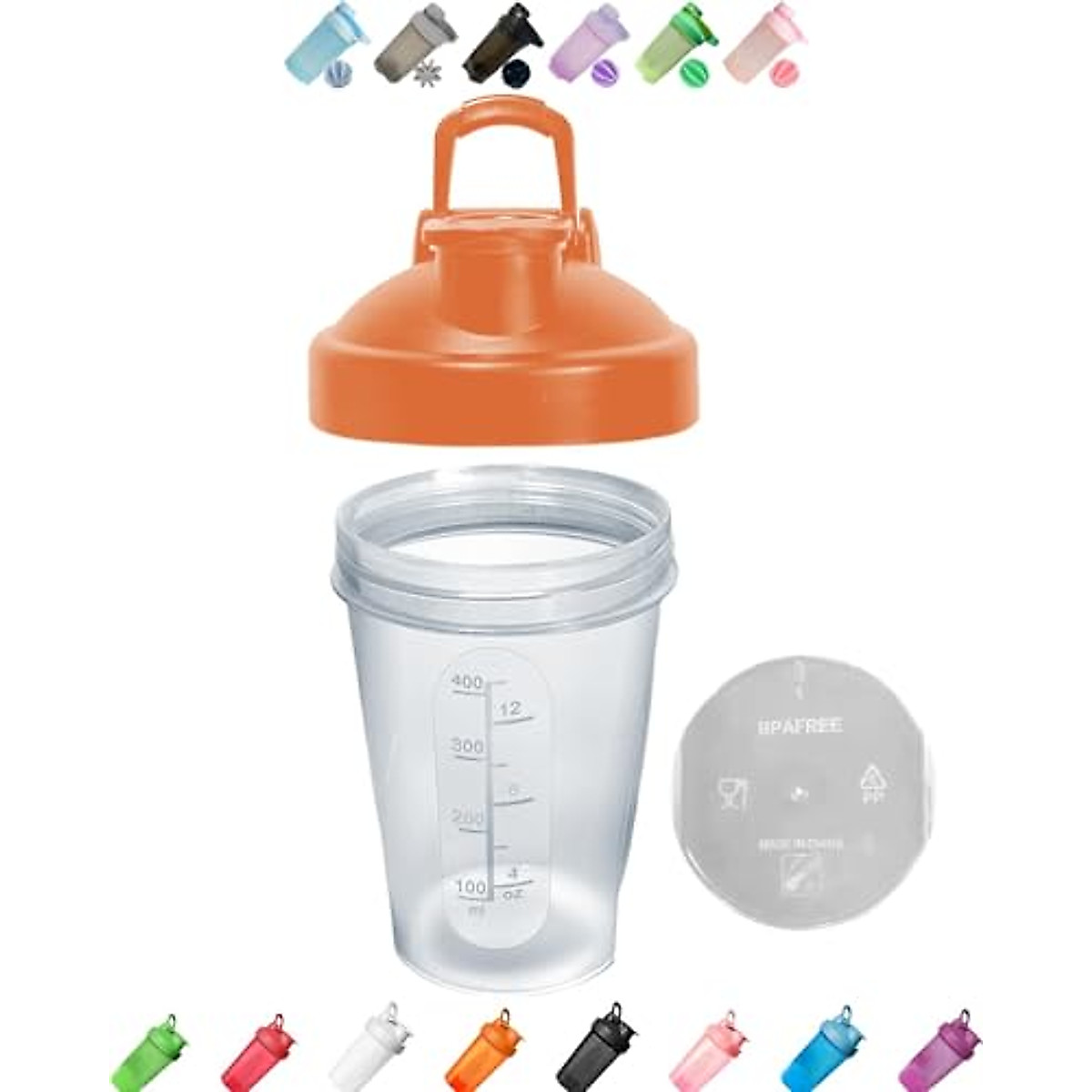 Ergonomic Small Clear Wide Mouth Shaker Cup (Made of Premium PP5,BPA FREE,Modelized Scale Marks 4-8-12 Oz) & Orange Leakproof Screwable Cover Lid (Style May Vary) & Whisk,Free Replacement in 10 Months