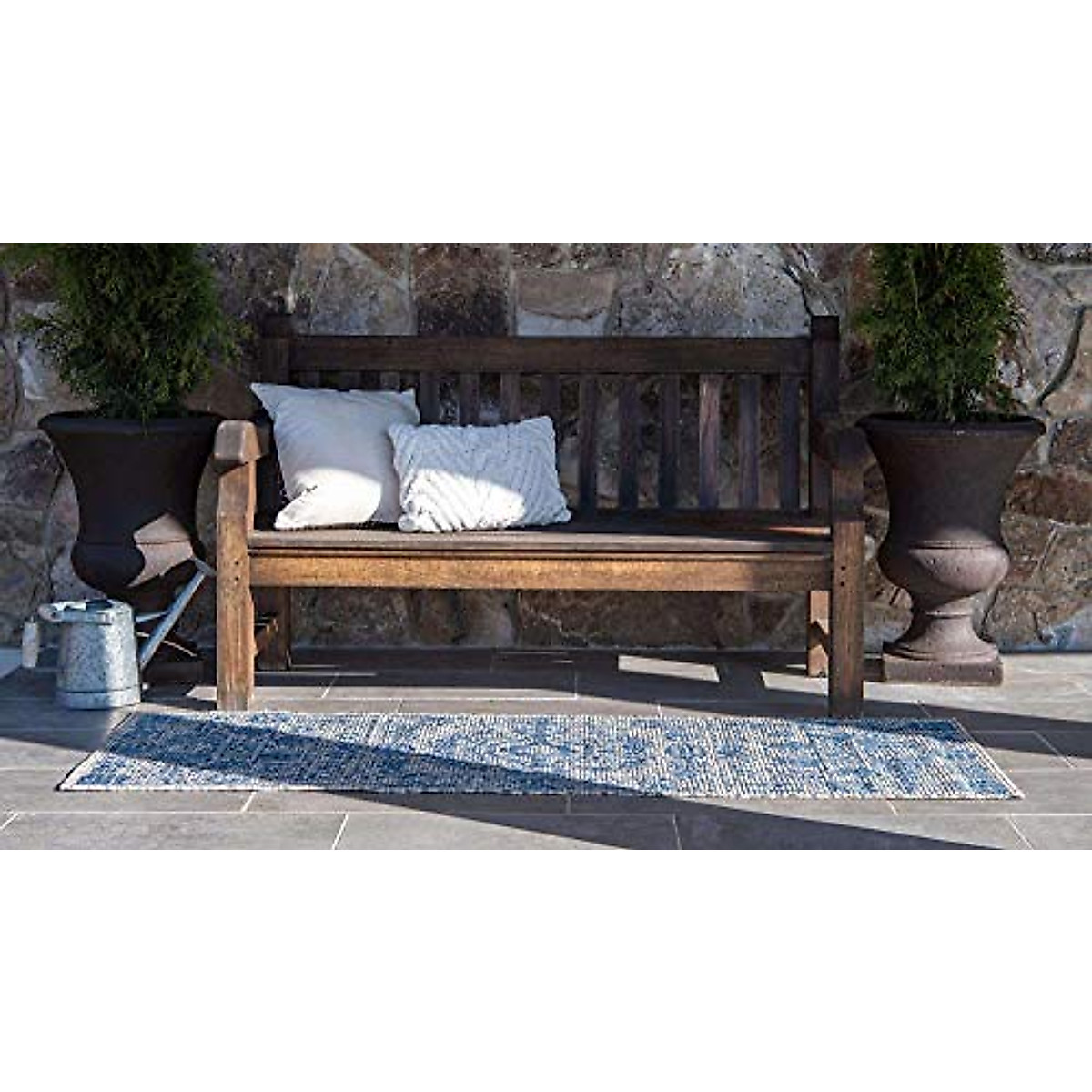 Unique Loom Outdoor Traditional Collection Area Rug - Timeworn (2' x 8' Runner, Blue/ Gray)