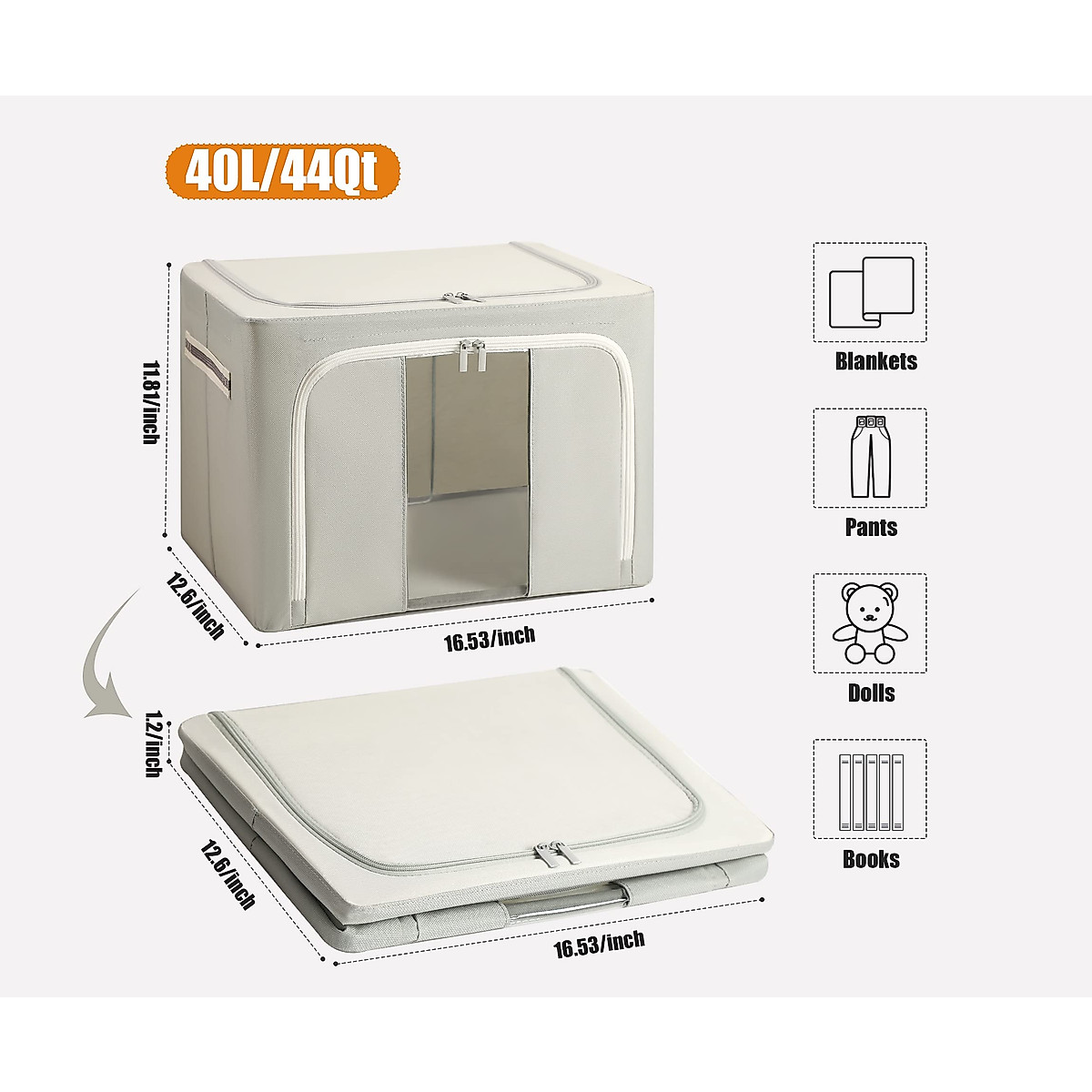 Furnhome 3 PACK 40L Oxford Cloth Steel Frame Storage Box, Clothes Storage Box Organizers with Foldable Clear Window & Reinforced Handles for Clothes,Closet,Comforters,Bedding, Blanket(Light Grey)