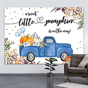 Little Pumpkin Baby Shower Decorations for Boy Fall Backdrop A Sweet Little Pumpkin is On The Way Its a Boy Blue Truck Leaves Autumn Thanksgiving Day Background Photography Party Banner Supplies 7x5ft