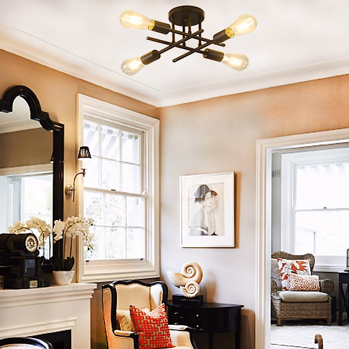 Giutna Modern Semi Flush Mount Ceiling Light Fixture,4-Light Farmhouse Light Fixtures Ceiling Mount,Industrial Chandelier Ceiling Lamp for Living Room Bedroom Kitchen Hallway,Bulb Not Included(Black)