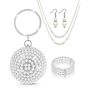 4 Pcs Faux Pearl Evening Clutch Purse Round Ball Silver Rhinestone Bag Pearl Jewelry Set for Women Evening Wedding Artificial Pearl Handbag
