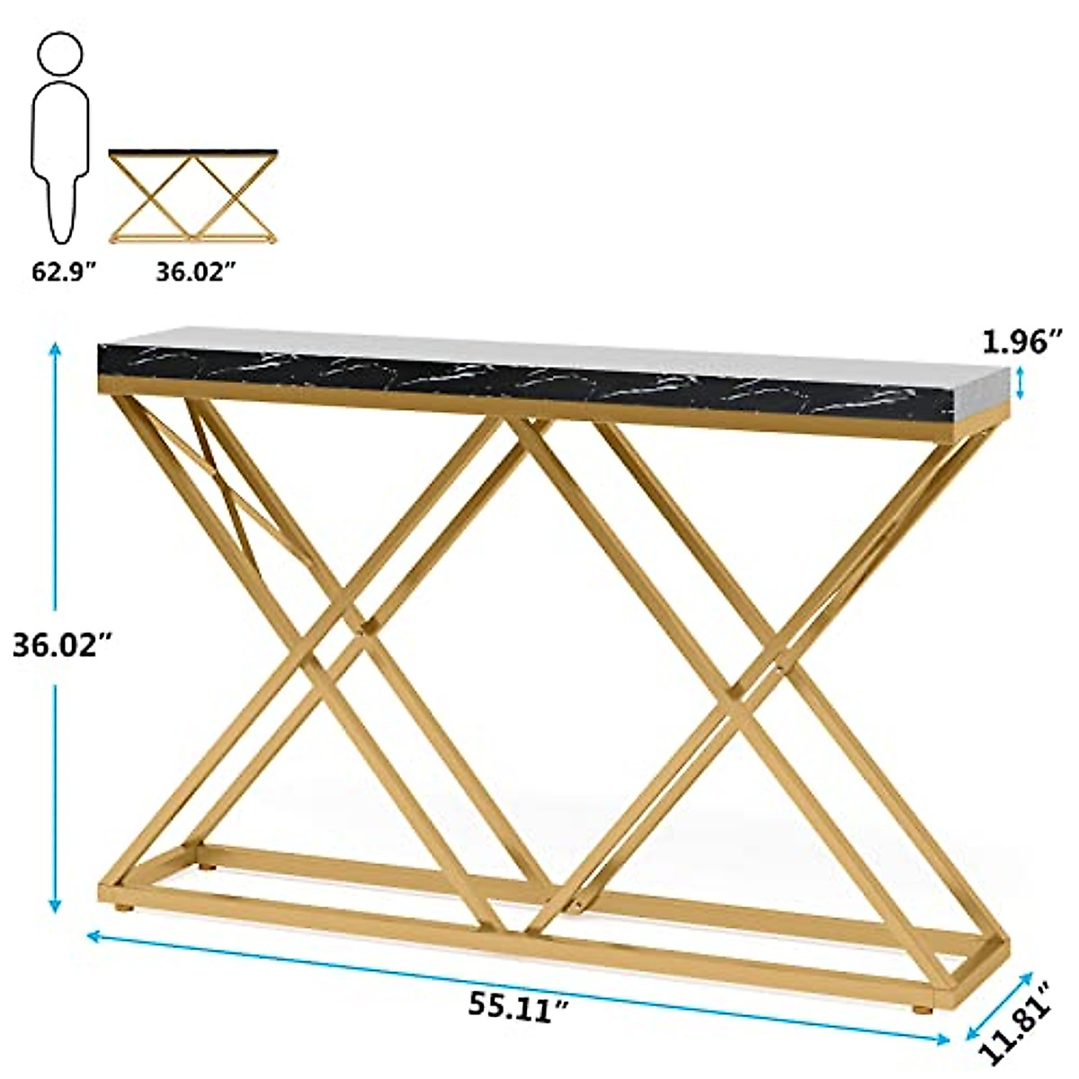 Tribesigns 55" Console Table, Modern Entryway Hallway Table with Diamond-Shaped Gold Metal Legs, Faux Marble Black Wood Sofa Table Foyer Table for Living Room, Entryway, Hallway, Black and Gold