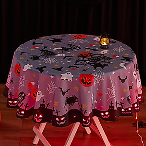 Suppromo Halloween Tablecloth with Lights 60 Inch Round Waterproof Fabric Pumpkin Witches Bat Ghost Table Cloth for Halloween Party Everyday Dinner Table Decorations Halloween Table Cover