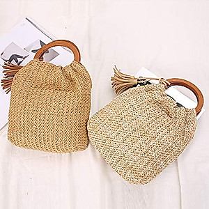 QTKJ Hand-woven Large Straw Tote Bag with Beige Leather Tassels Boho Brown Wooden Round Handle Tote Retro Summer Beach Bag Rattan Handbag (Beige)