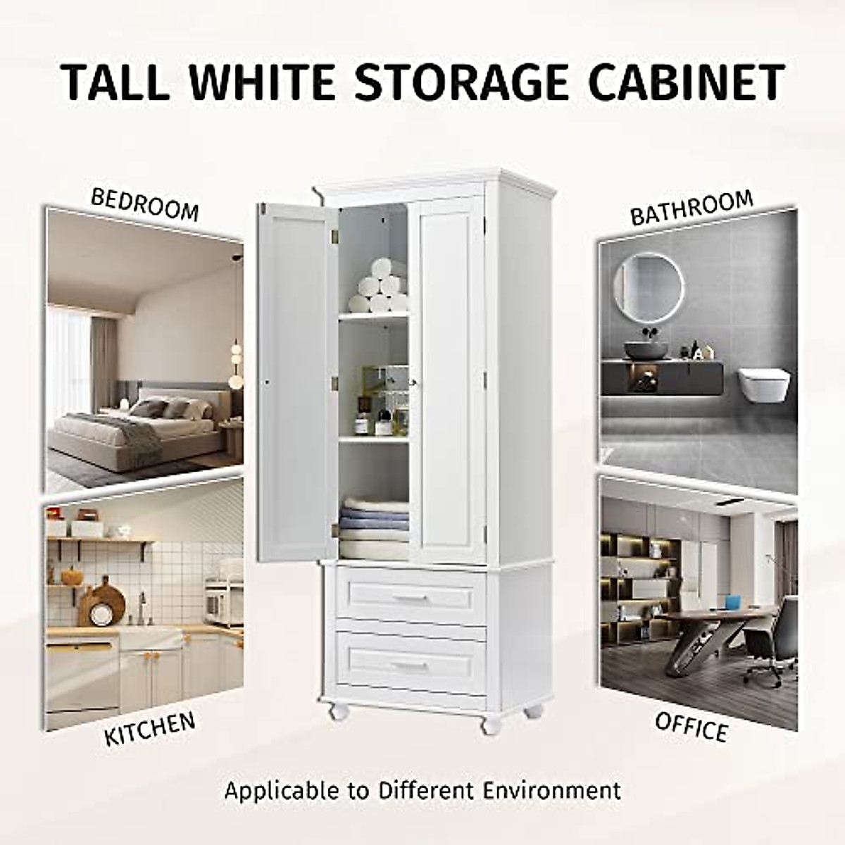 Tall Storage Cabinet with 2 Drawers and Double Door for Bathroom/Office, White Freestanding Kitchen Pantry Cabinet, Bathroom Cupboard w/Adjustable Shelf, Floor Cabinet Bookcase with Door (White-ty1)