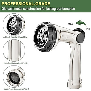 FANHAO Professional Heavy Duty Garden Hose Nozzle, 100% Metal Thumb Control Water Hose Sprayer with 8 Spray Patterns, High Pressure Water Nozzle for Lawn & Plant Watering, Car & Pet Washing