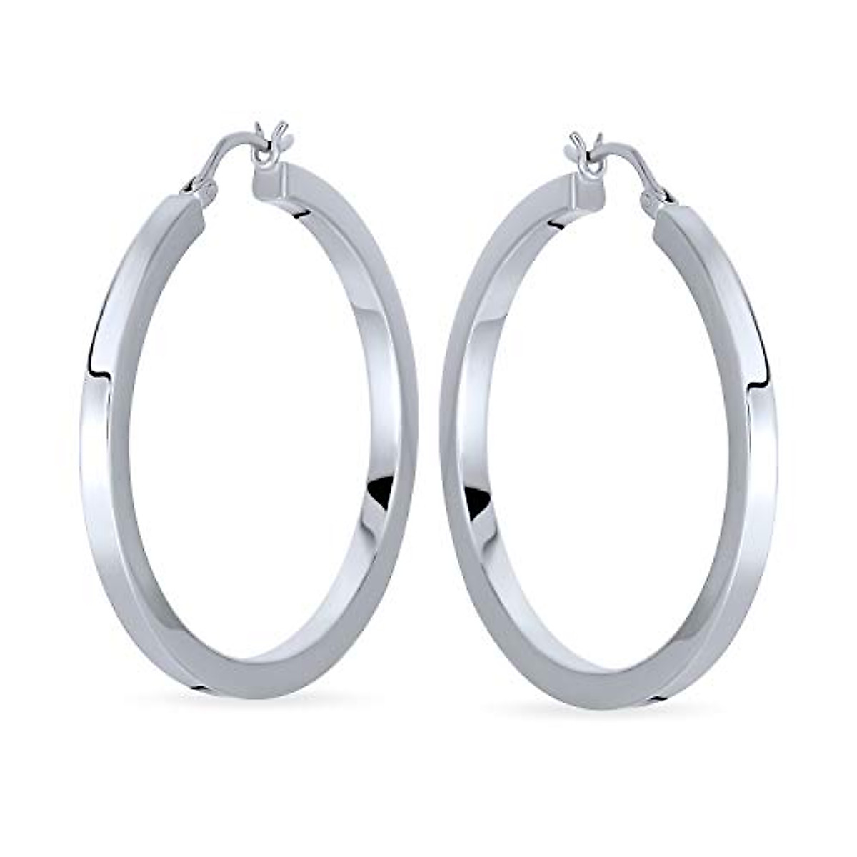 Simple Large Round Flat Square Tube Big Hoop Earrings For Women .925 Sterling Silver Hinged Notched Post 1.65 Inch Diameter