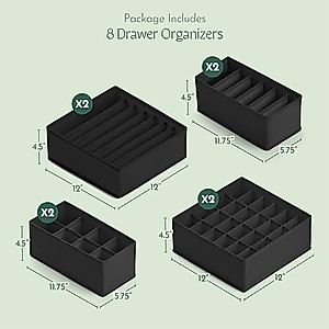 Dresser Organizer, [8 Pk] Black Fabric Dresser Drawer Organizers (4 Sizes With 90 Slots) Foldable Underwear Drawer Organizer Breathable Bins for Bra, Lingerie, Socks, Scarves, Belt, Tie, Baby Clothes.