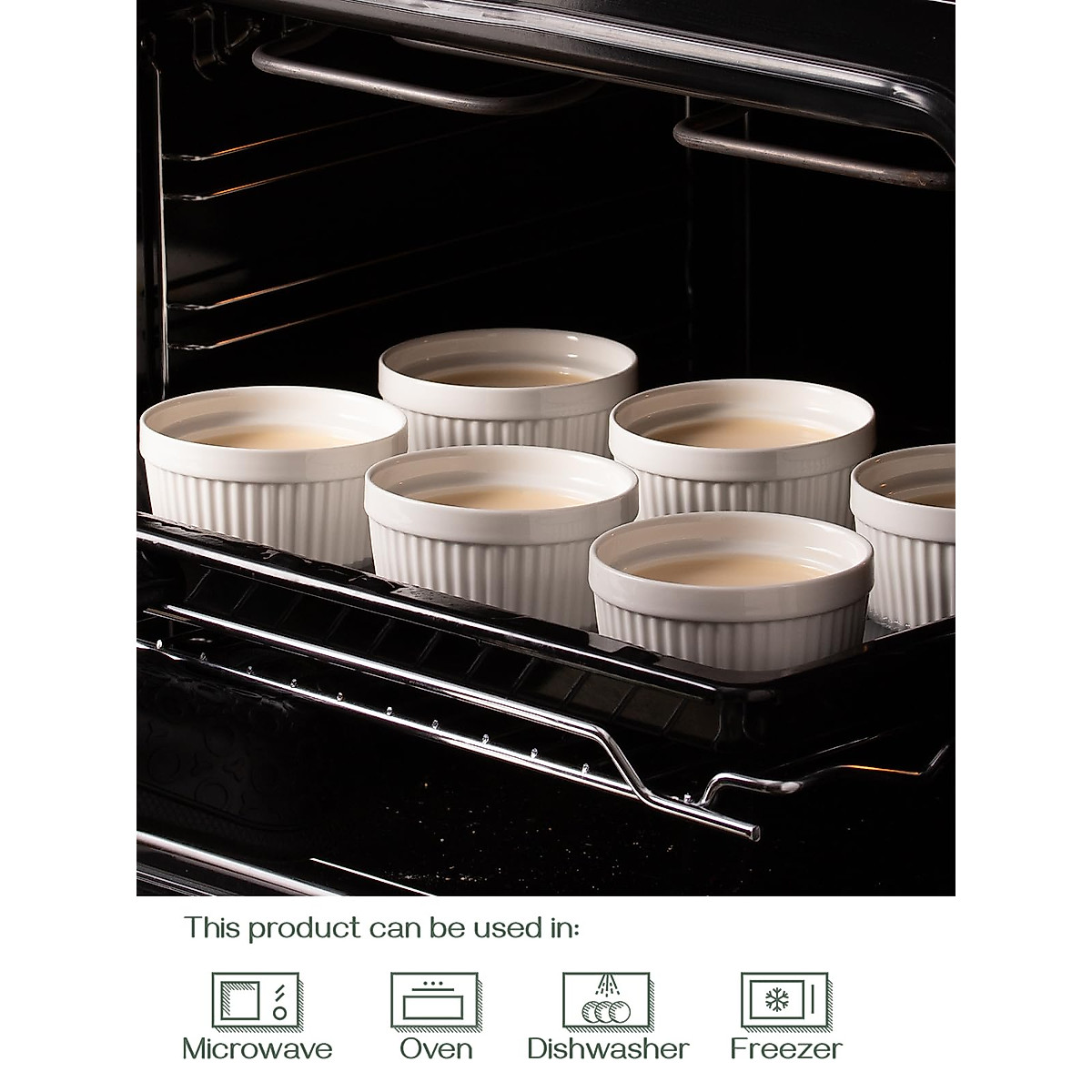 DOWAN Ramekins 8 oz Oven Safe with Lids, Creme brulee Ramekins Bowls with Covers, Porcelain White Ramekins Souffle Dishes for Baking, Stackable, Set of 6