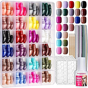 Press on Nails Short, FANDAMEI 24 Packs 576PCS Small Short Round Press on Nails, 24 Glossy Color Small Fake Nails, Glue on Nails with 7g Nail Glue, 24 Color False Nail for Small Nails and hands