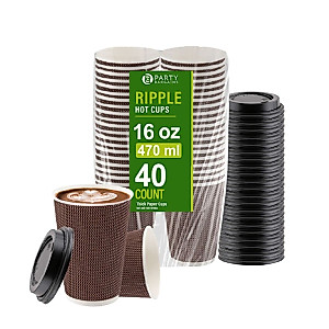 PARTY BARGAINS Ripple Hot Cups with Lids, 16 oz, 40 Count, Brown, Insulated Double Wall, Disposable Paper Coffee Cups, To-Go Cup, Tea, Hot Beverages, No Sleeve Needed