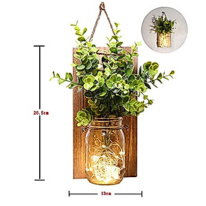 Rustic Wall Sconces, Mason Jar Sconces, Farmhouse Home Decor, LED Fairy Lights, Green Fake Plant, Interior Decoration Warm Toned Lighting. (2 Pack)