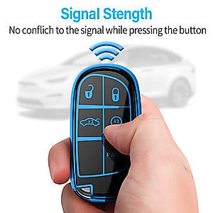 Tukellen Jeep Key Fob Cover - Soft TPU Case Compatible with Grand Cherokee, Renegade, Chrysler, Dodge, RAM, Journey, Dart, Fiat, Durango, Challenger (Blue)