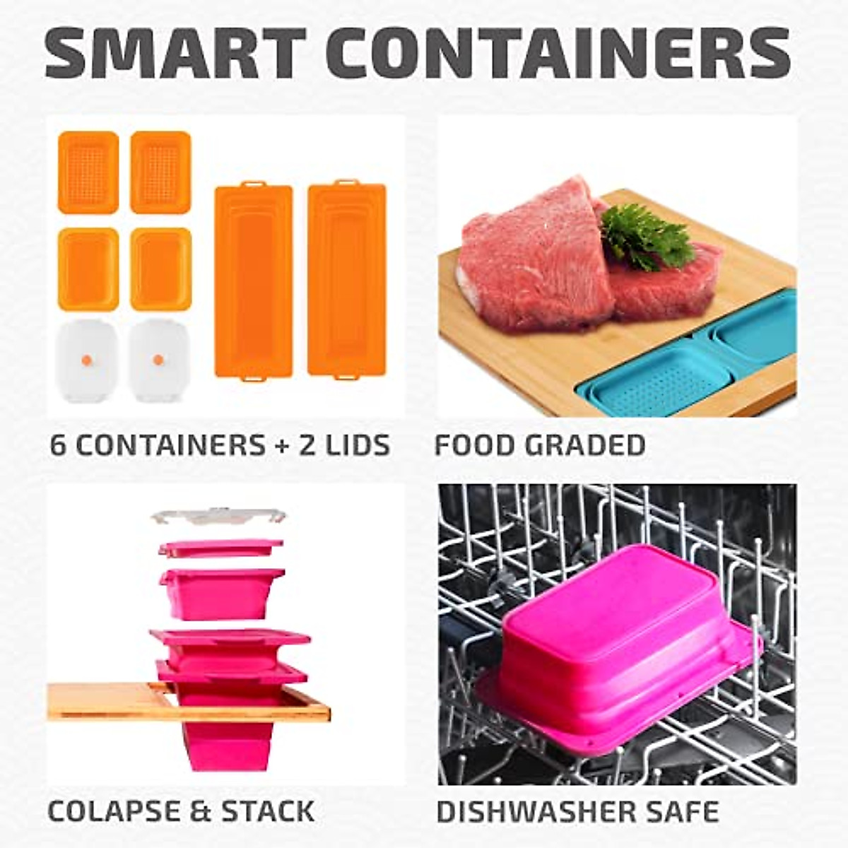 Zenprep Extra Large Bamboo Cutting Board With Containers (Set Of 9) - Over The Sink Chopping Board With Collapsible Strainers - Meal Prep Station For Meat, Cheese And Vegetable (15x20in)