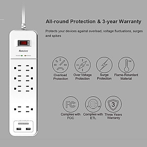 Huntkey Power Strip Surge Protector 4000 Joule, 3 USB Charger Port 12 ...