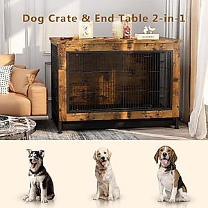 Lamerge Wooden Dog Crate Furniture for Large Dog, Heavy Duty Dog Crate End Table with Pull-Out Tray, 3-Door Dog Kennel, Indoor Pet Furniture, 44.3" L x 28.7" W x 31.9" H, Brown