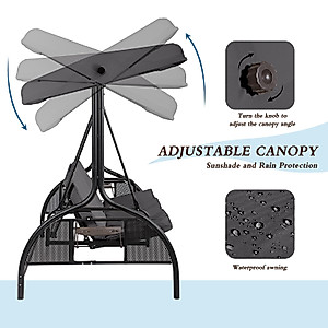 GIODIR 3-Seat Outdoor Porch Swing with Adjustable Canopy and Backrest, Porch Swing Chair with Stand, Patio Swing for Garden, Backyard, Balcony, Poolside (Gray)