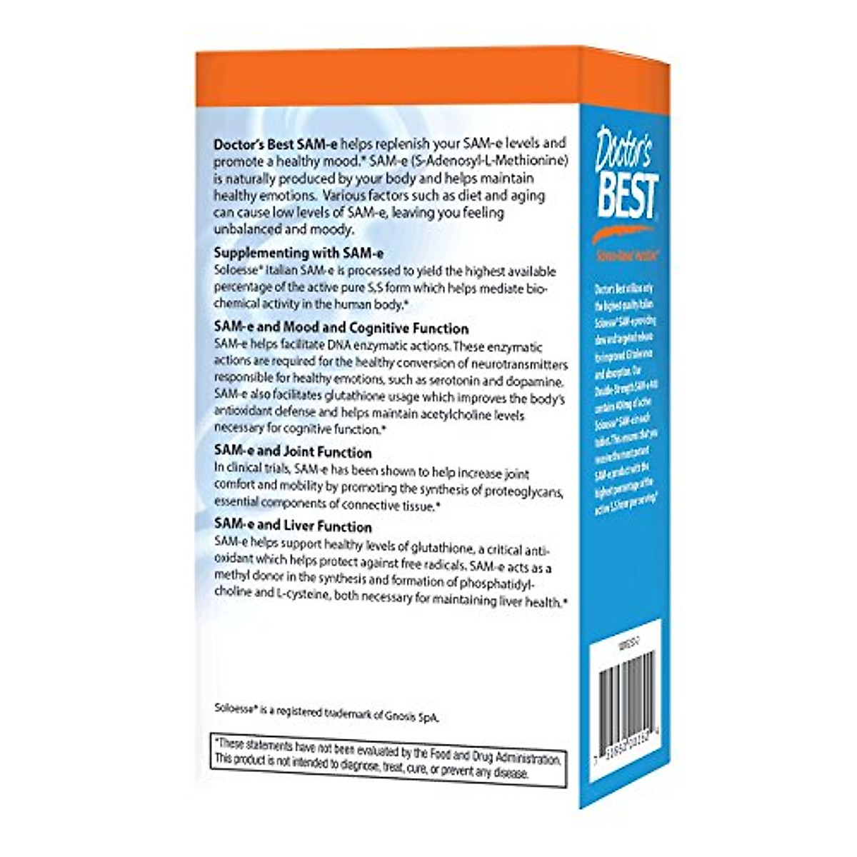 Doctor's Best SAM-e 400 mg, Vegan, Gluten Free, Soy Free, Mood and Joint Support, 60 Enteric Coated Tablets