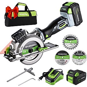 WORKPRO 20V Cordless Mini Circular Saw, 4-1/2" Compact Wireless Circular Saw 4.0Ah Battery, Fast Charger, 3 Saw Blades, 4500RPM, Laser Guide, Max Cutting Depth 1-11/16"(90°), 1-1/8"(45°)