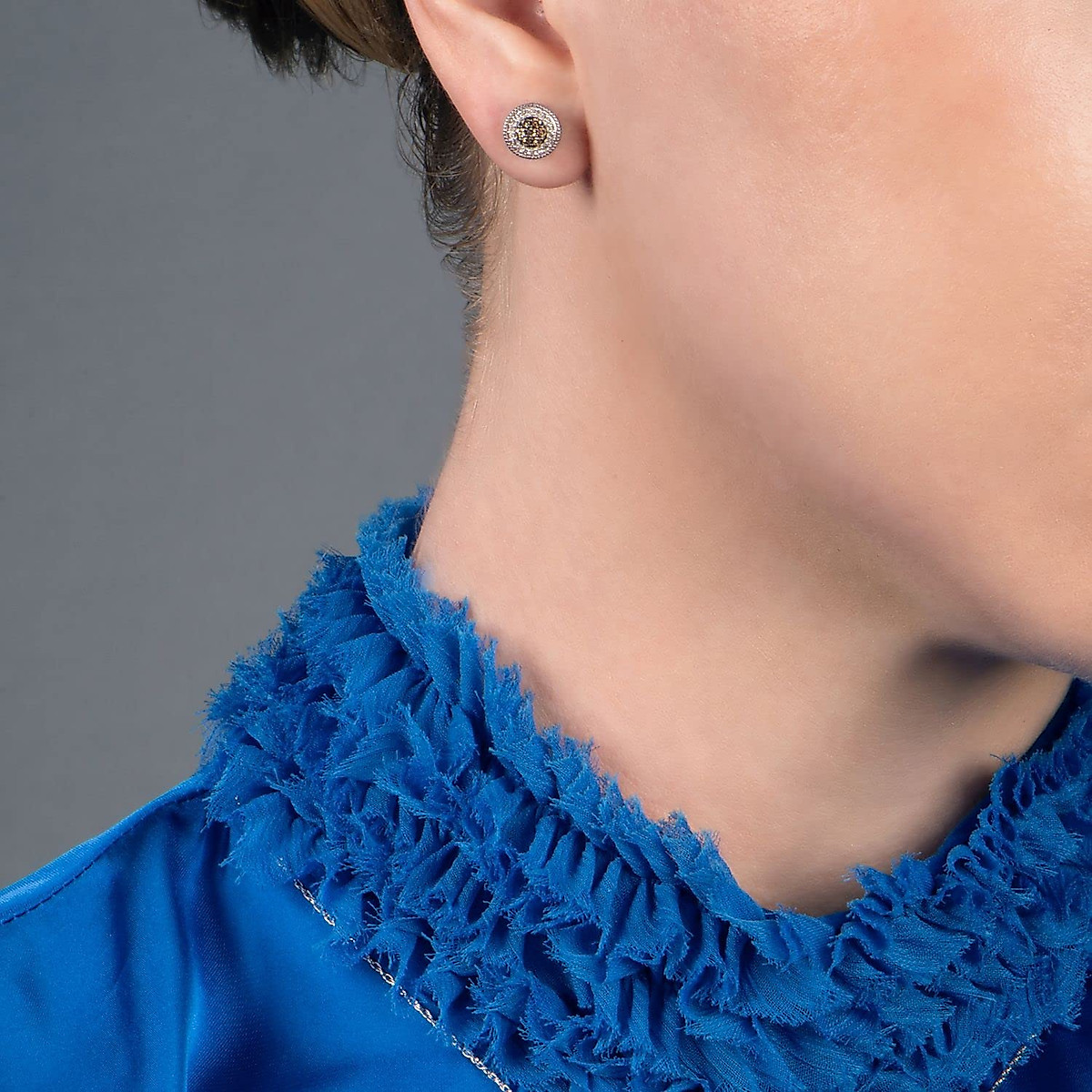 Jewelili Sterling Silver Stud Earrings with Natural White and Champagne Round Diamonds, 1/4 cttw