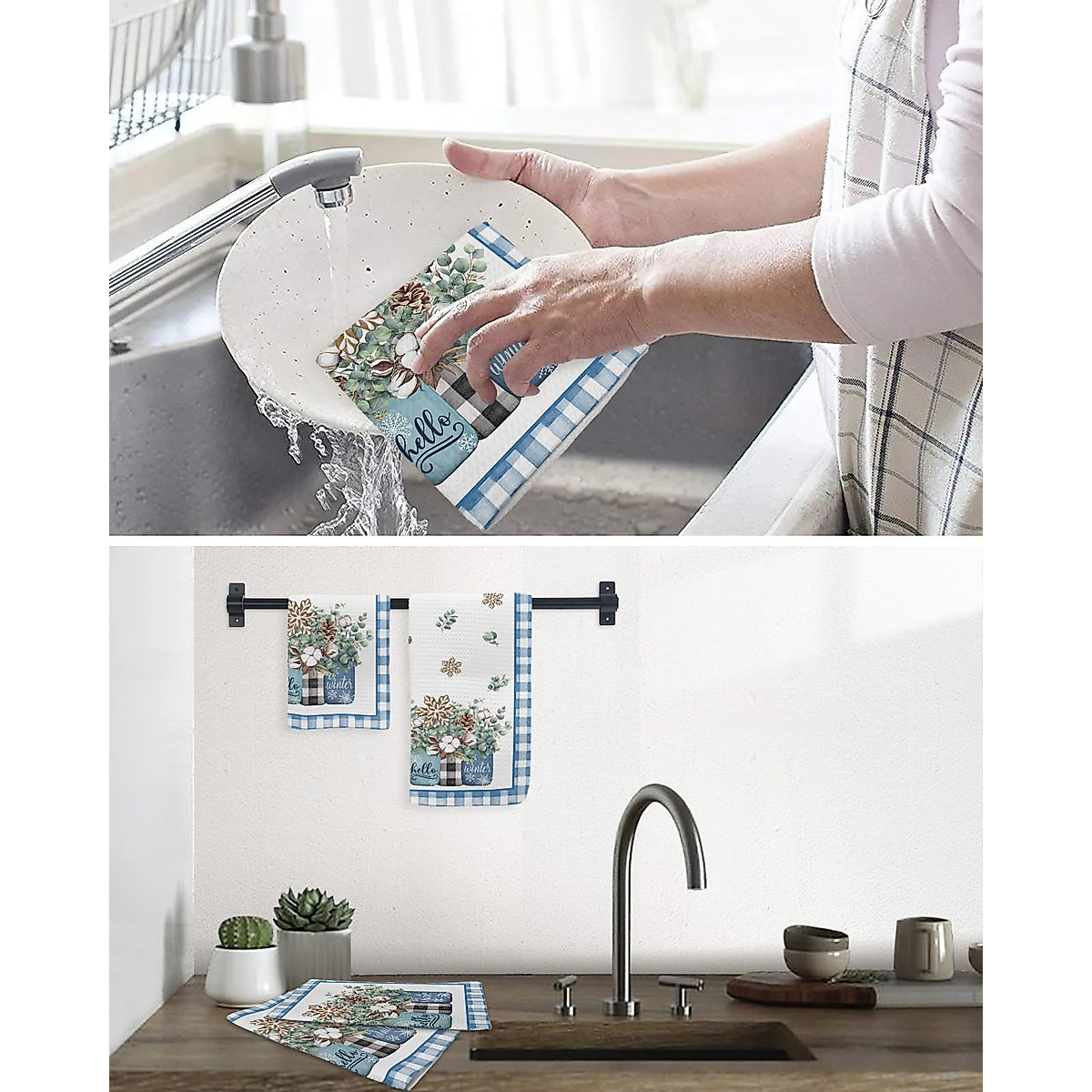 Hokiten Christmas Waffle Kitchen Towels Dishcloths, Xmas Eucalyptus Leaves Winter Cotton Blue Plaid Absorbent Dish Towels | Hand Towels for Bathroom/Bar, 12 x 12 Inch, 2 Pcs