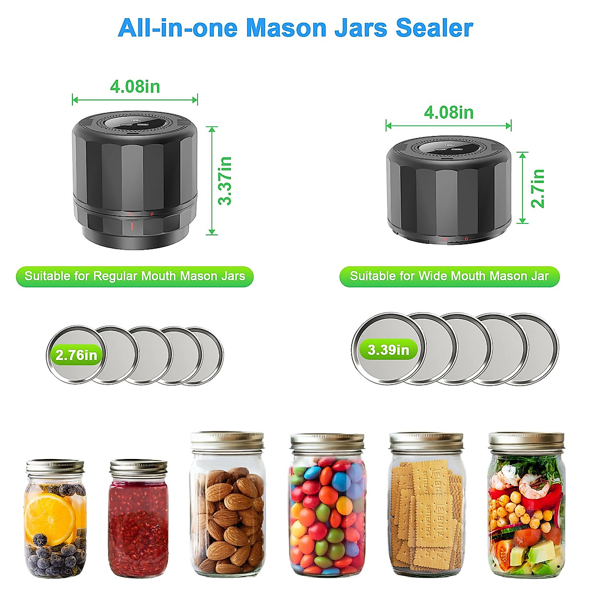 Bunyta Electric Mason Jar Vacuum Sealer Kit - 2000mAh Battery, Enhanced Motor, Wide & Regular Mouth Lids Compatible, Black - Ideal for Canning