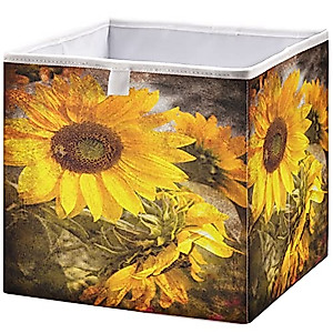 visesunny Rectangular Shelf Basket Vintage Beautiful Sunflower Clothing Storage Bins Closet Bin with Handles Foldable Rectangle Storage Baskets Fabric Containers Boxes for Clothes,Books,Toys,Shelves,G
