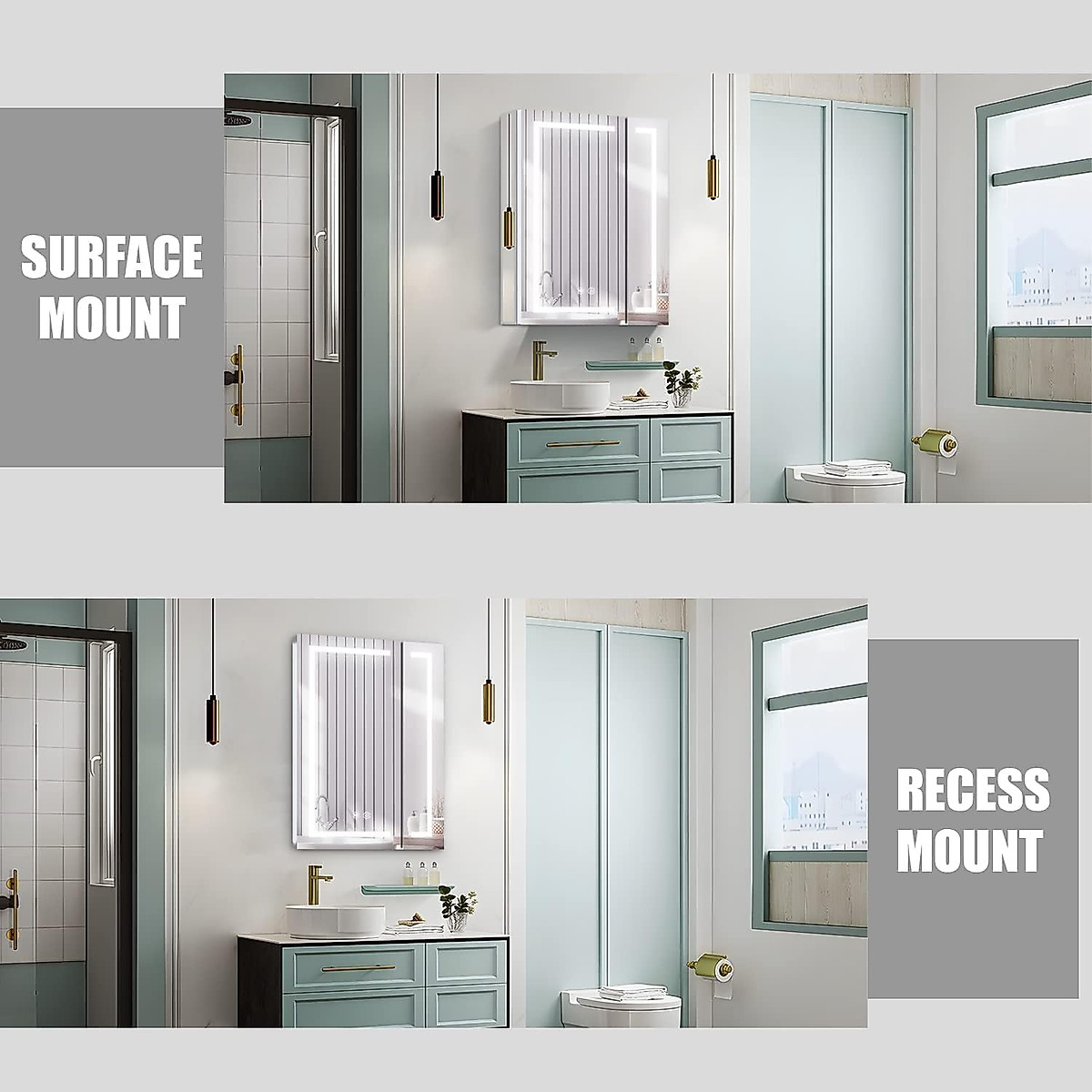 Janboe LED Medicine Cabinet,Bathroom Mirror Cabinet with Lights,24×28inch,Internal Light,USB Shaver Socket,3 Color,Dimmer,Demister,Detachable Side Mirror for Surface Mounted and Recess Mounted