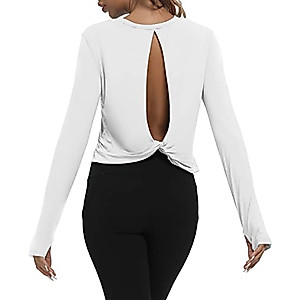 Bestisun Women Open Back Crop Tops Long Sleeve Workout Athletic Gym Cropped Dance Shirt Active Wear Yoga Tops Athletic Hiking Sport Clothes White L