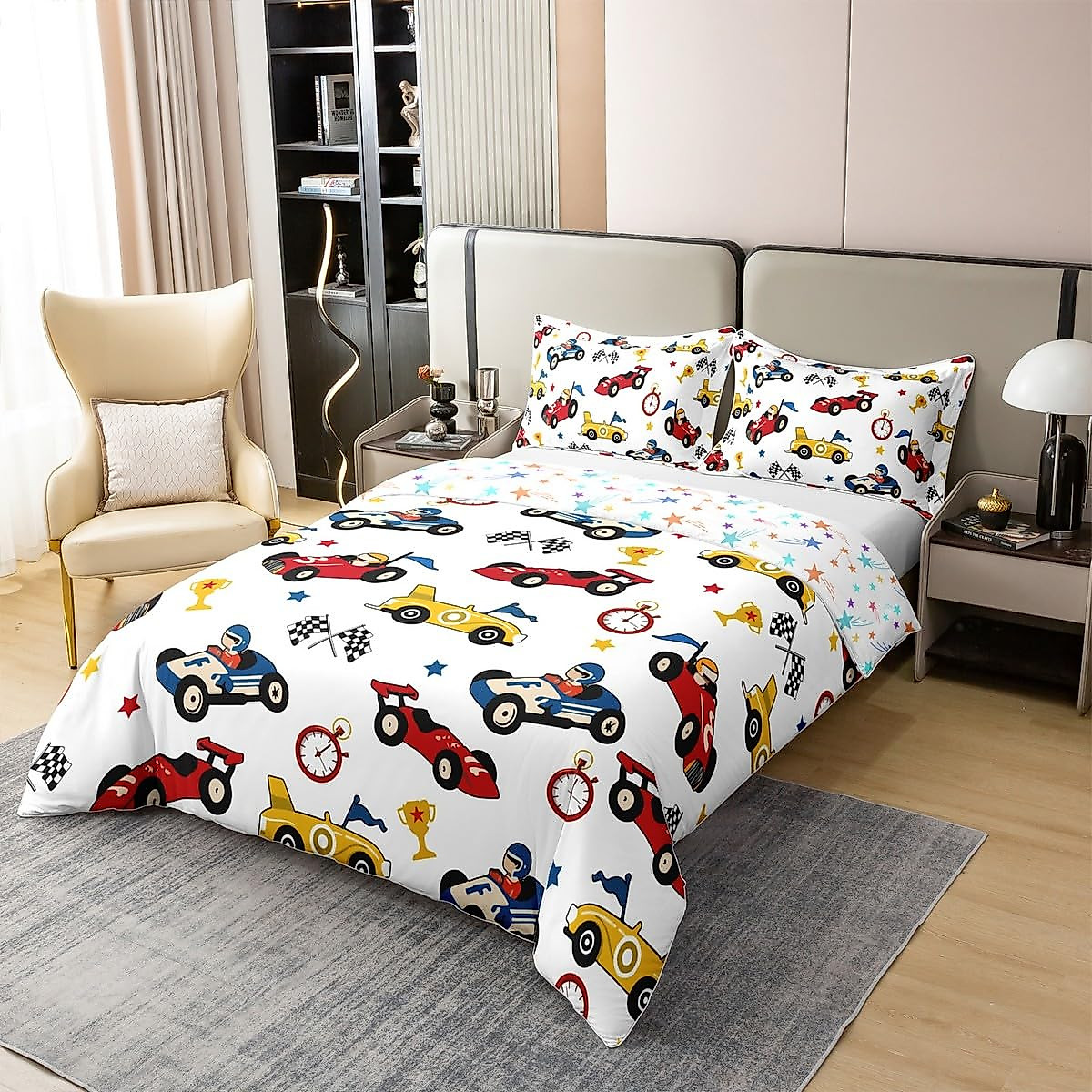 jejeloiu Kids Boys Cartoon Car Bedding Set Twin Size Race Car Bedding Set for Kids Teens Boys Sports Cars Comforter Cover Set Quilt Cover,No Comforter