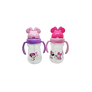 Disney Cudlie Minnie Mouse Baby Girl 2 Pack of 6 Oz Sippers Handles Pop Up Straw Character Molded Lid in Pink & Purple