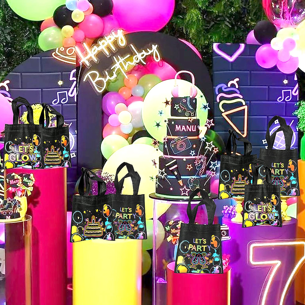 BANBALLON 20 PCS Neon Party Favor Bags Glow Birthday Party Supplies Glow in the Dark Party Favor Bags Glowing with Me Goodie Bags for Neon Theme Birthday Party Let's Glow Party Supplies