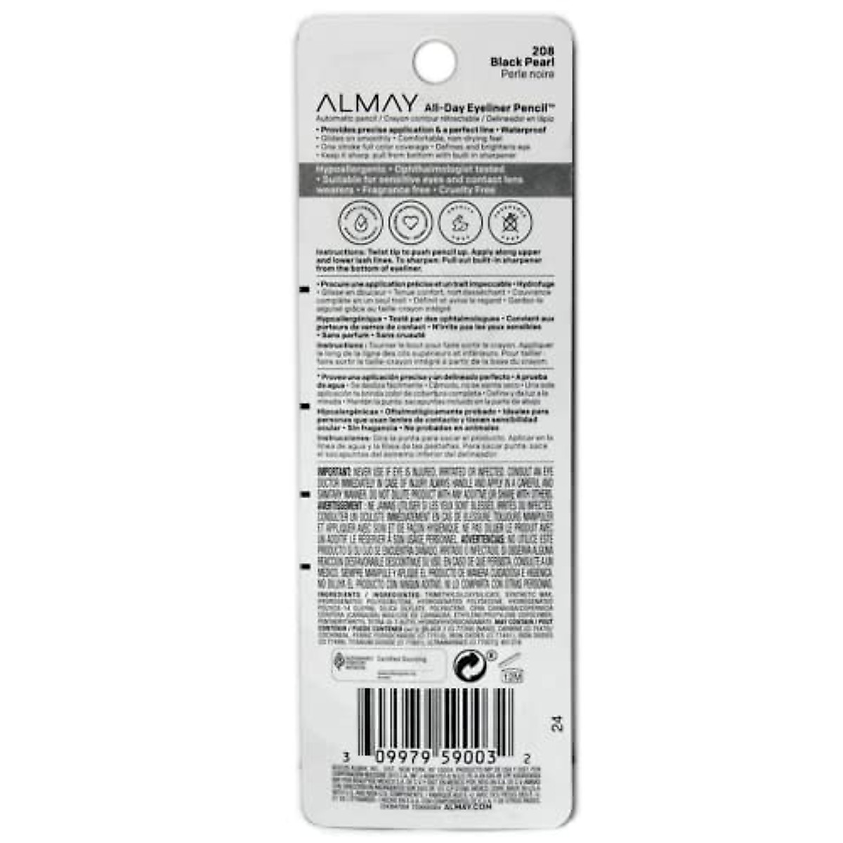 Almay All-Day Eyeliner Pencil, Black Pearl [208] .009 (Pack of 3)