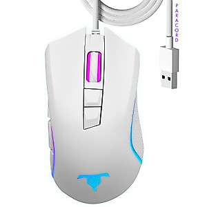 Tilted Nation White Gaming Mouse Wired, LED RGB Mouse for PC Gamers w/Lightweight Paracord Cable USB, 7 Programmable Buttons, Ergonomic Side Grips, 10K DPI, Mechanical Switches - White Mouse