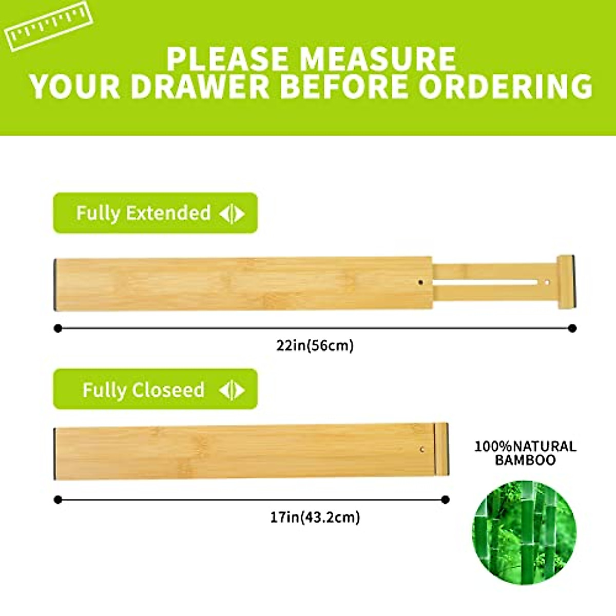 ND NEU DESIGN NeuDesign Bamboo Drawer Dividers - Adjustable and Expandable Organizers for Kitchen, Dresser, Bedroom, Bathroom, Office - Fits Large Drawers 17" to 22" - Pack of 4, Natural