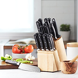 Amazon Basics 18-Piece Premium Kitchen Knife Block Set, High-Carbon Stainless Steel Blades with Pine Wood Knife Block
