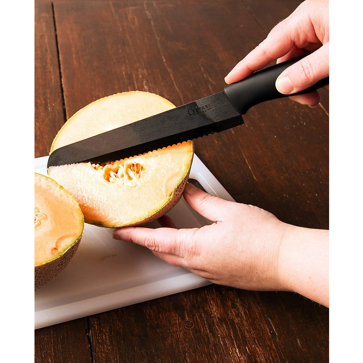Cestari Serrated Ceramic Knife Set of 2 Knives and Peeler: includes 6 inch Tomato Knife, 8 inch Bread Knife, and Straight Edge Ceramic Vegetable Peeler