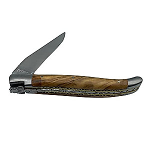 Laguiole en Aubrac Handmade Luxury Double Brass & Stainless Steel Plated Folding Knife, 4.8-in (12cm), Olivewood Handle, Hand Forged Special Crafting Bee, Stainless Steel Brushed Bolsters